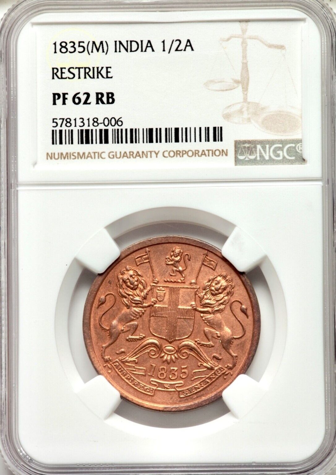 British East India Company 1835 (M) Half Anna Proof Restrike - Notable ...
